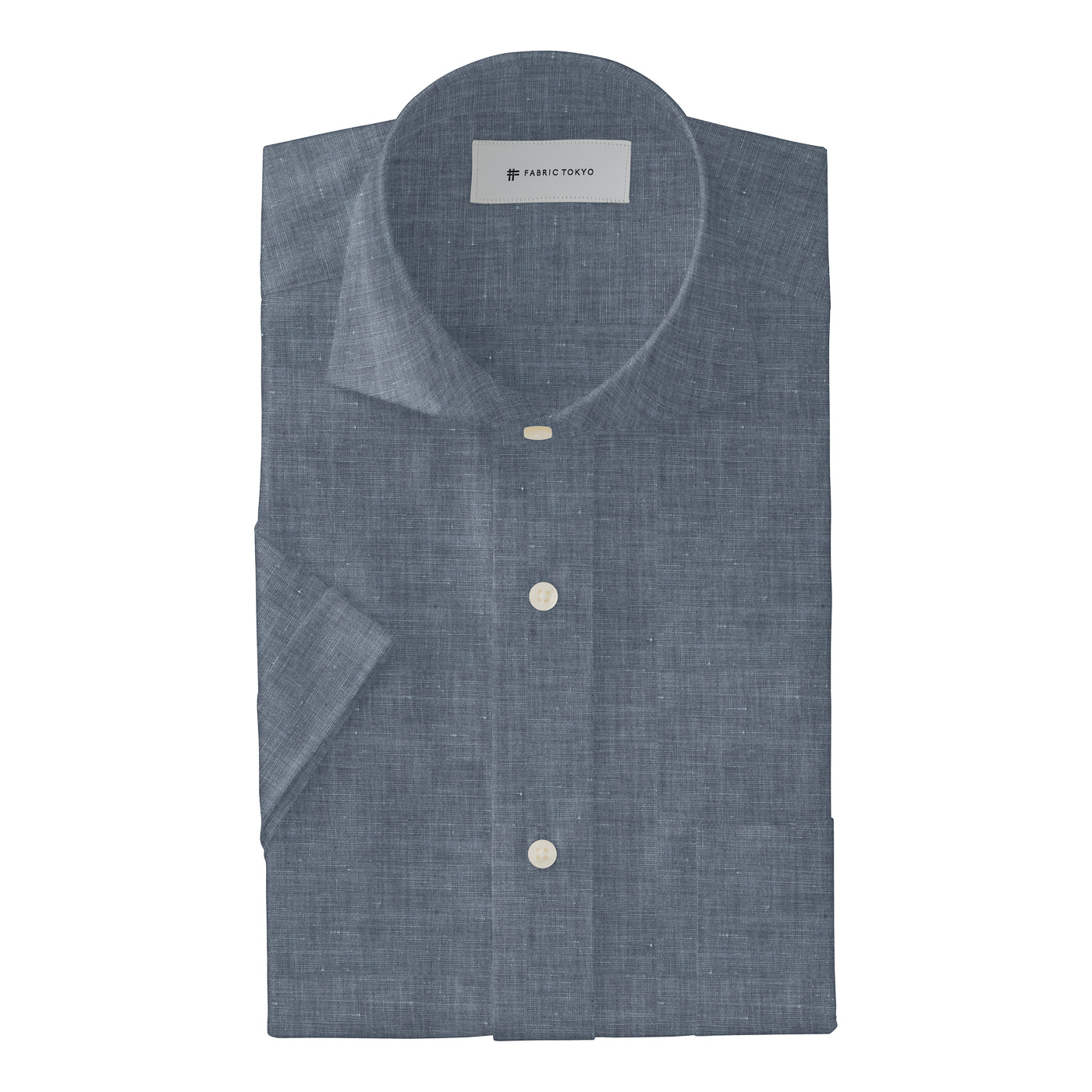 HERDMANS COTTON LINEN インディゴブルー平織り無地半袖シャツ | オーダースーツのFABRIC TOKYO